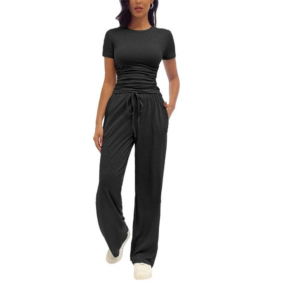 Casual Set Kardashian Style Ruched Short Sleeve Top and Long Pants Two ...