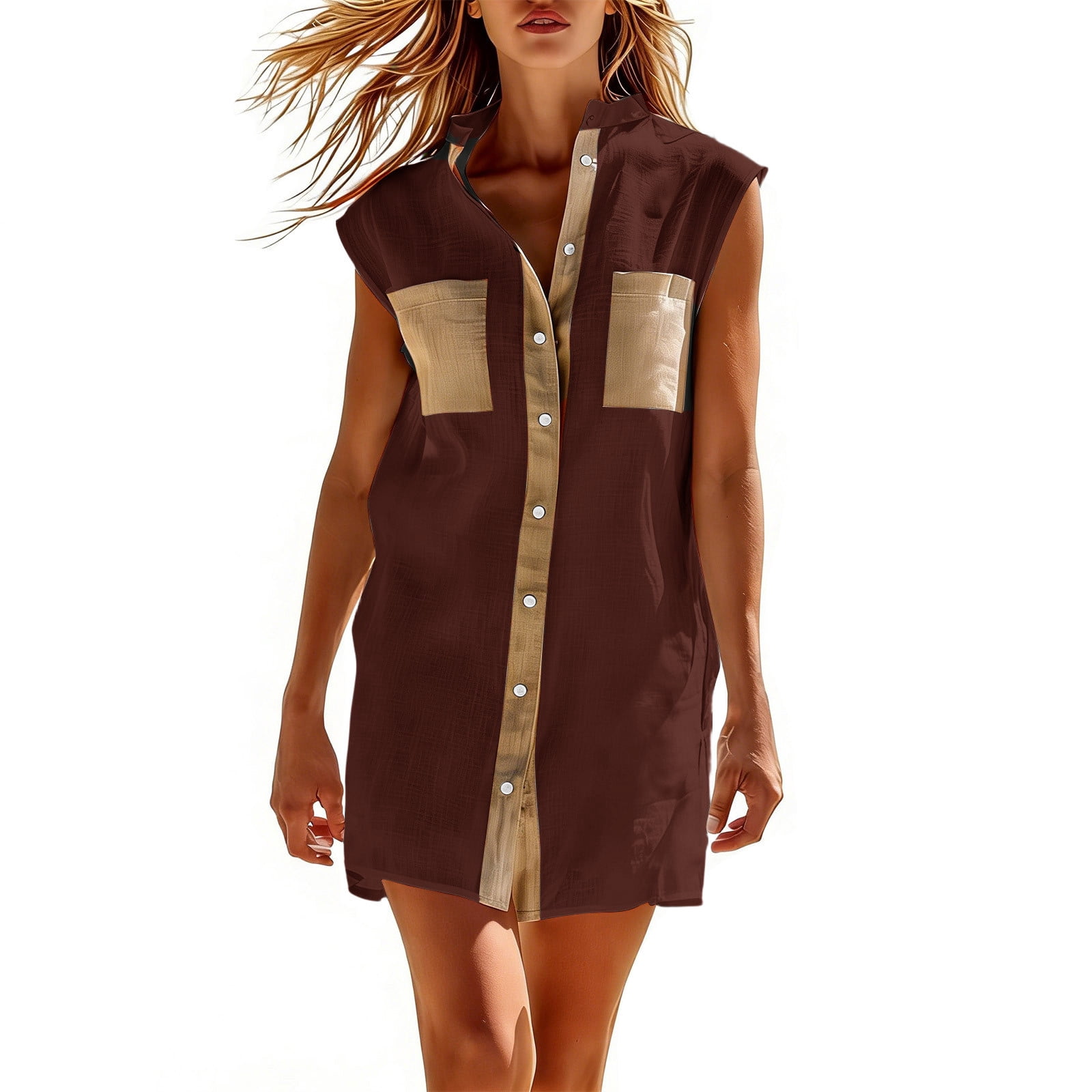 Casual Shirt Dress for Women Color Block Cap Sleeve Button Down Band ...