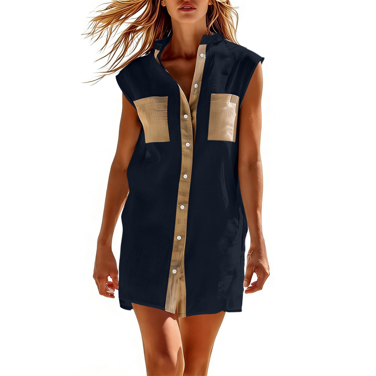 Casual Shirt Dress for Women Color Block Cap Sleeve Button Down Band ...
