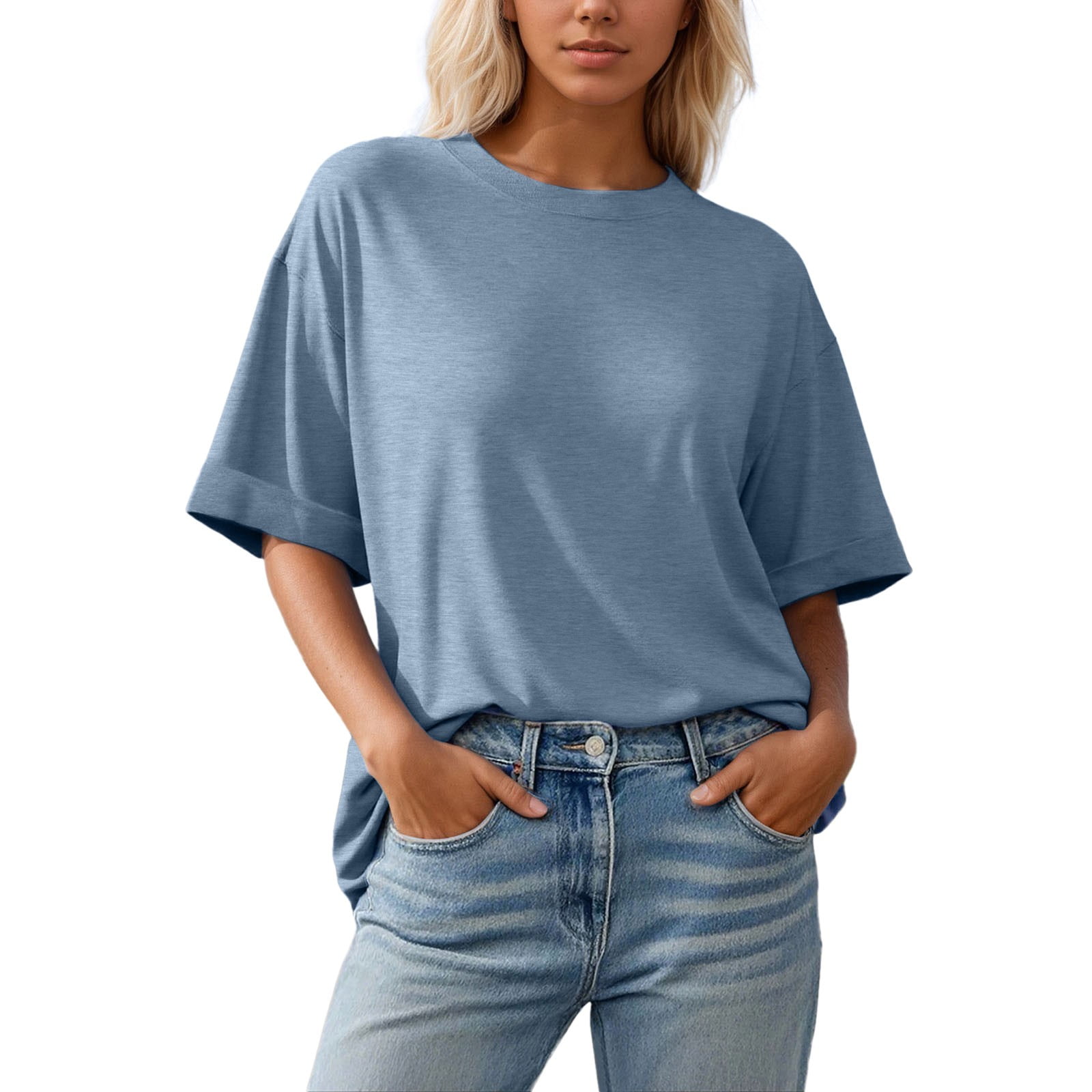 Casual Shirt for Women Drop Shoulder Loose Fit Round Neck Long Sleeve ...