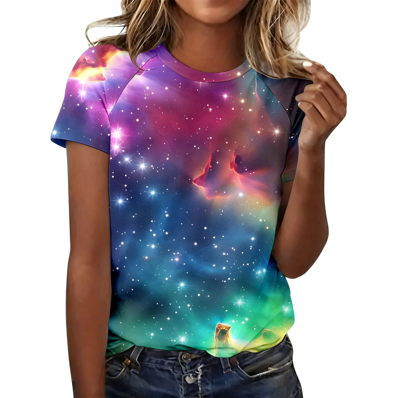 Casual Shirt for Women Galaxy Print Short Sleeve Raglan Crew Neck Soft ...