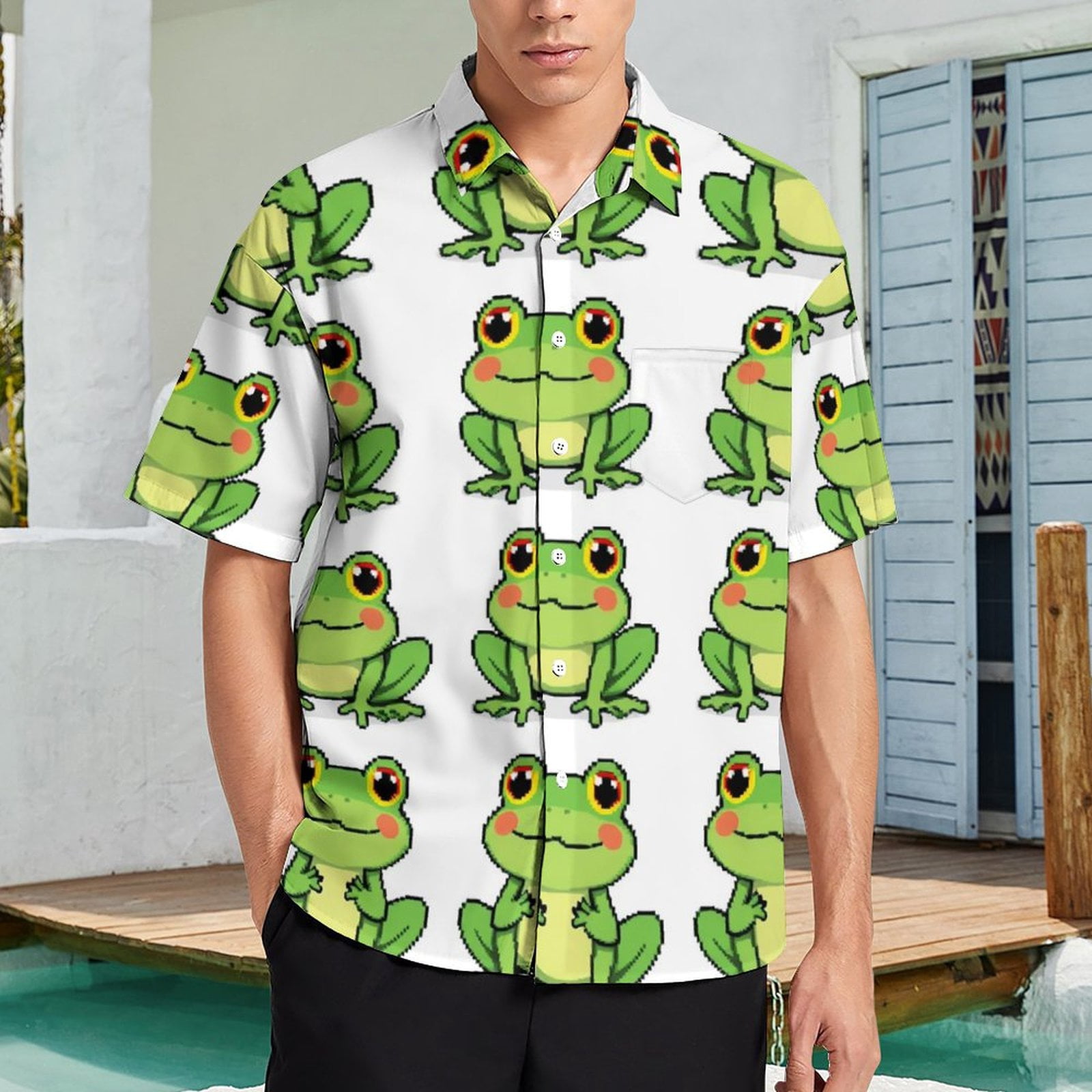 Casual Shirts Cartoon Frog Beach Shirt Hawaiian Stylish Blouses Male ...