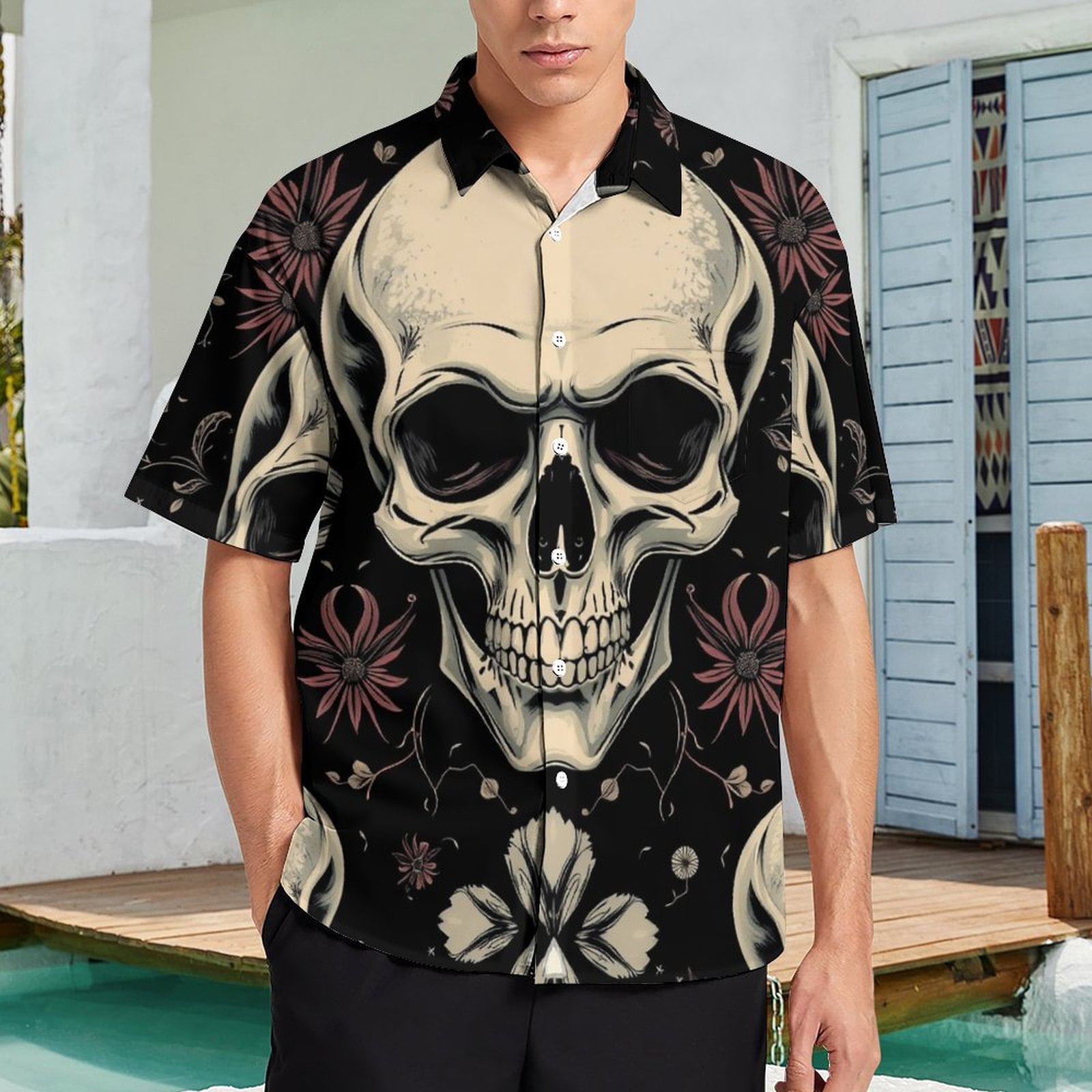 Casual Shirts Floral Skull Seamless Pattern Beach Shirt Hawaiian Stylish Blouses Male Printed ...