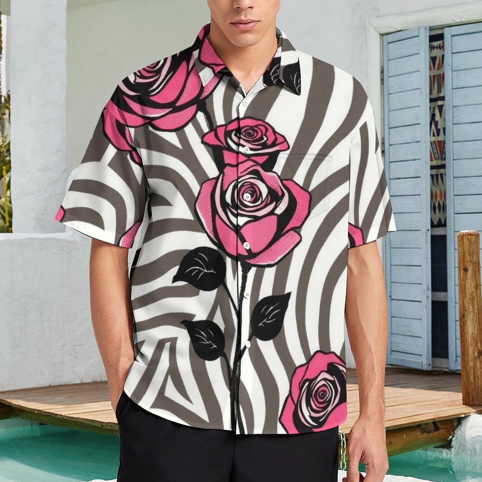Casual Shirts Rose And Zebra Print Pattern Beach Shirt Hawaiian Stylish ...