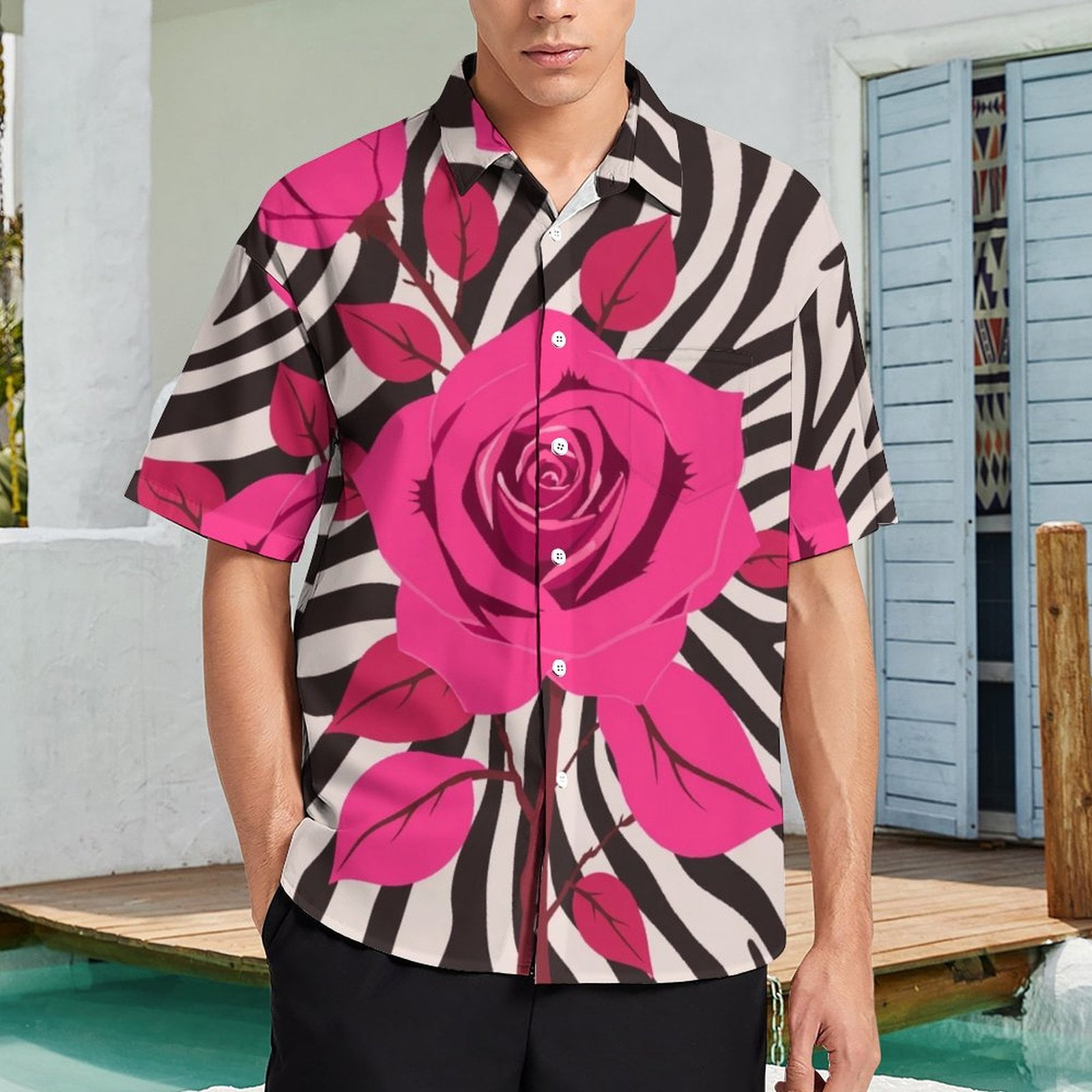 Casual Shirts Rose And Zebra Print Pattern Beach Shirt Hawaiian Stylish ...