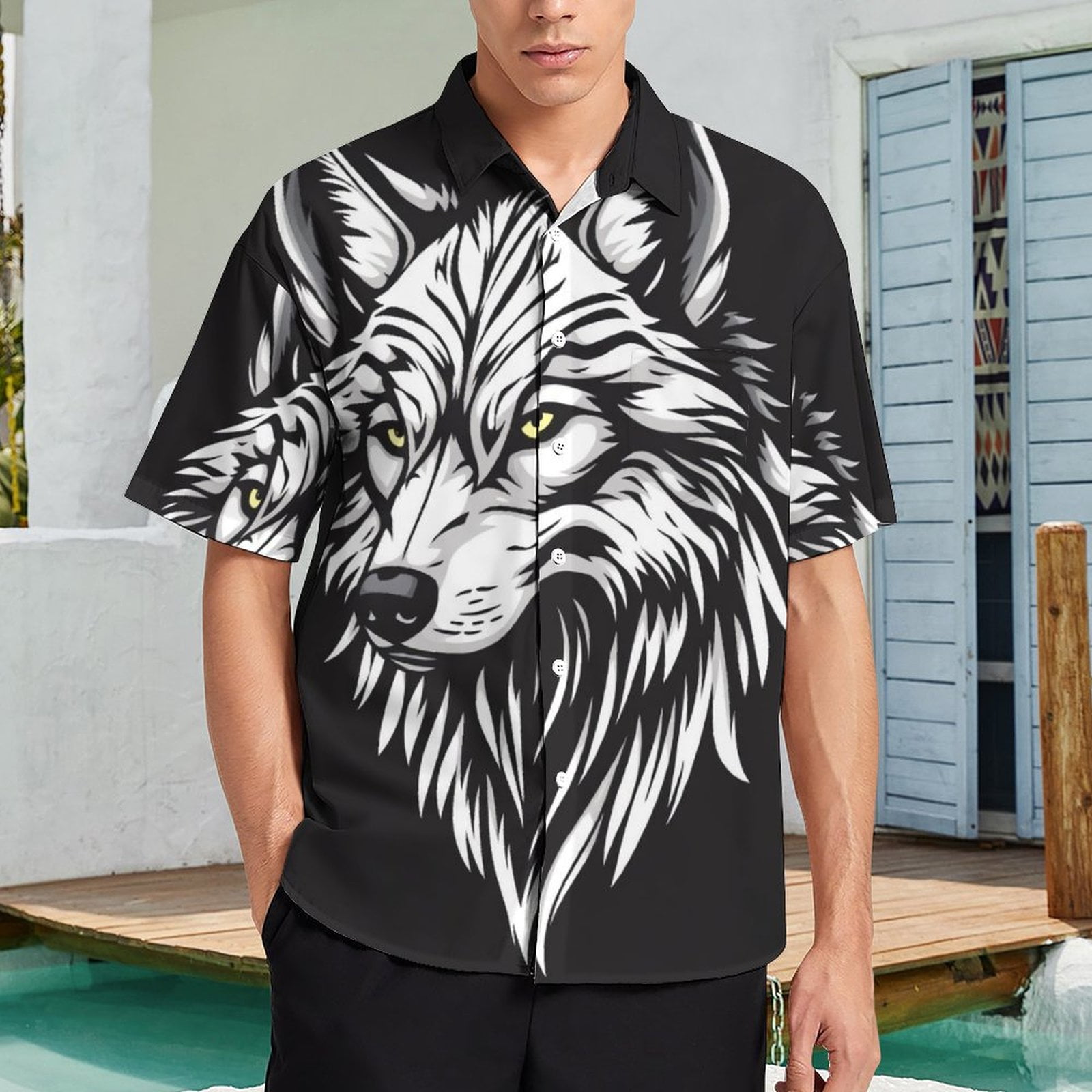 Casual Shirts White Wolf Head Art Beach Shirt Hawaiian Stylish Blouses ...