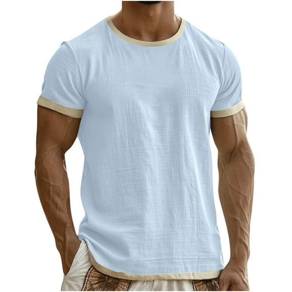 Casual Shirts for Men Short Sleeve Cotton Linen Shirt Solid Color Round ...