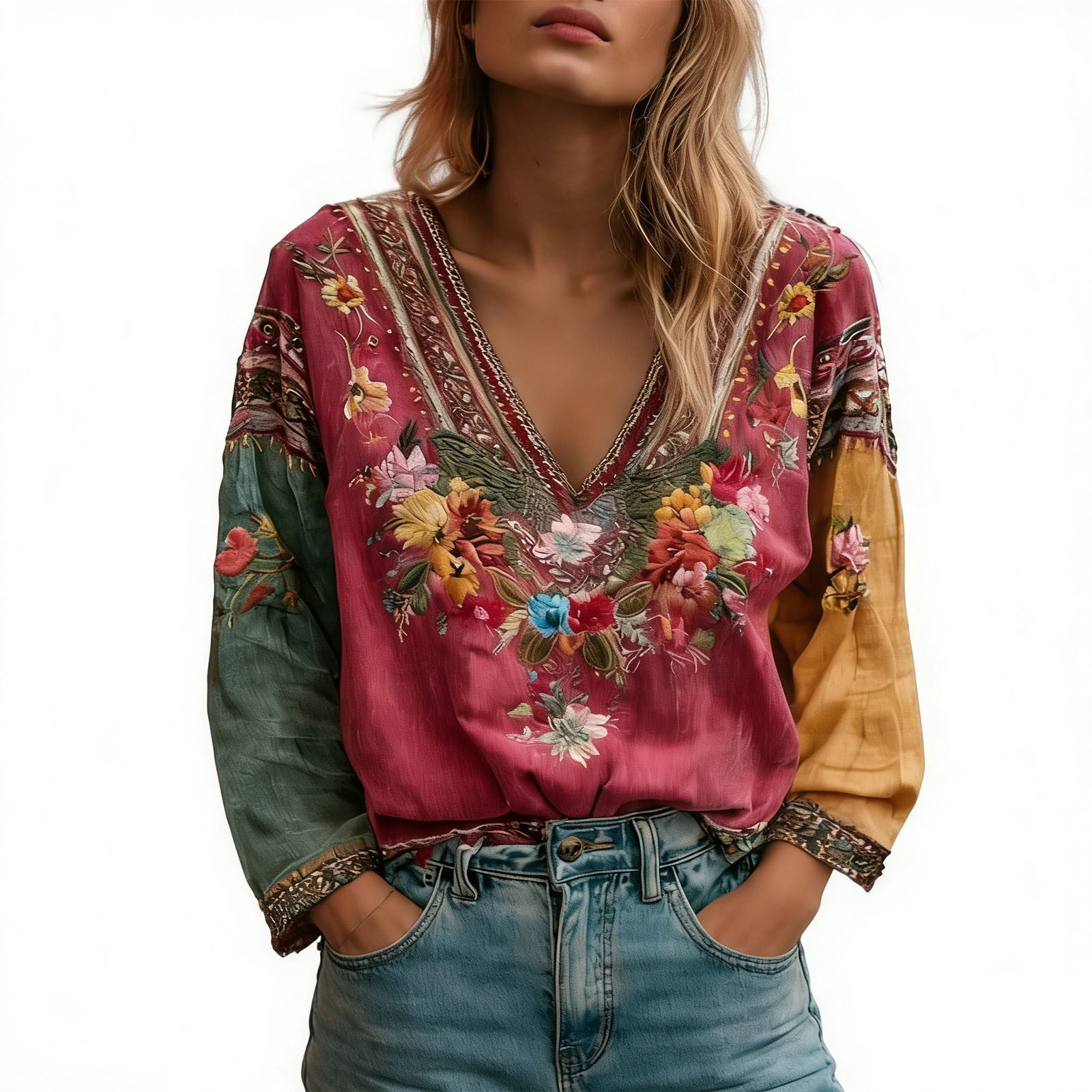 Casual Shirts for Women Women's Bohemian Print V Neck Long Sleeve ...