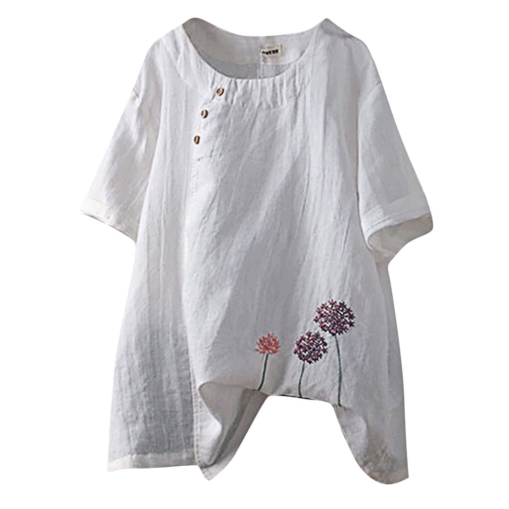 Casual Shirts for Womens Linen Embroidery O-Neck Button Beach Vacation ...