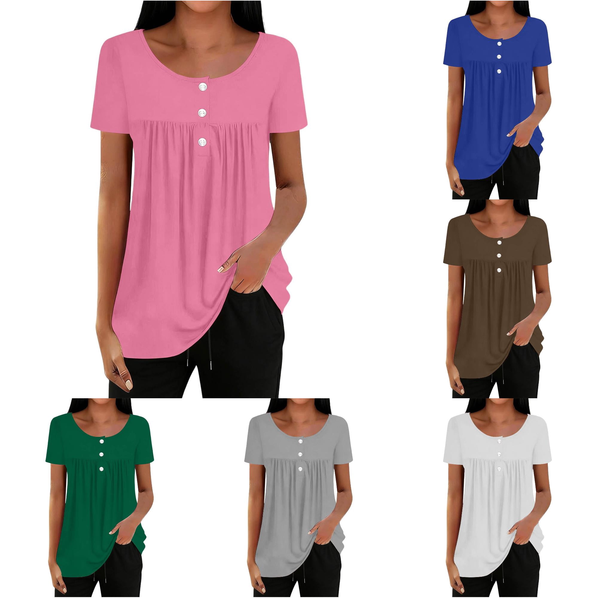 Casual Short Sleeve Blouse Button Down Shirt Loose Fit Ruffle Design ...