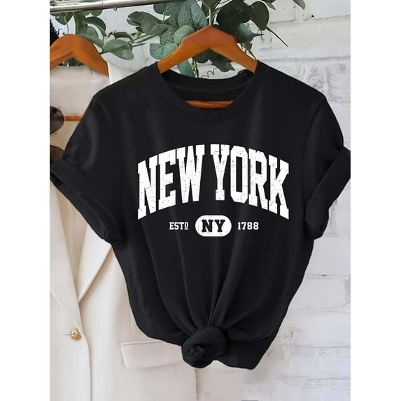 Casual Short Sleeve For Spring & Summer New York Letter Print Crew Neck ...
