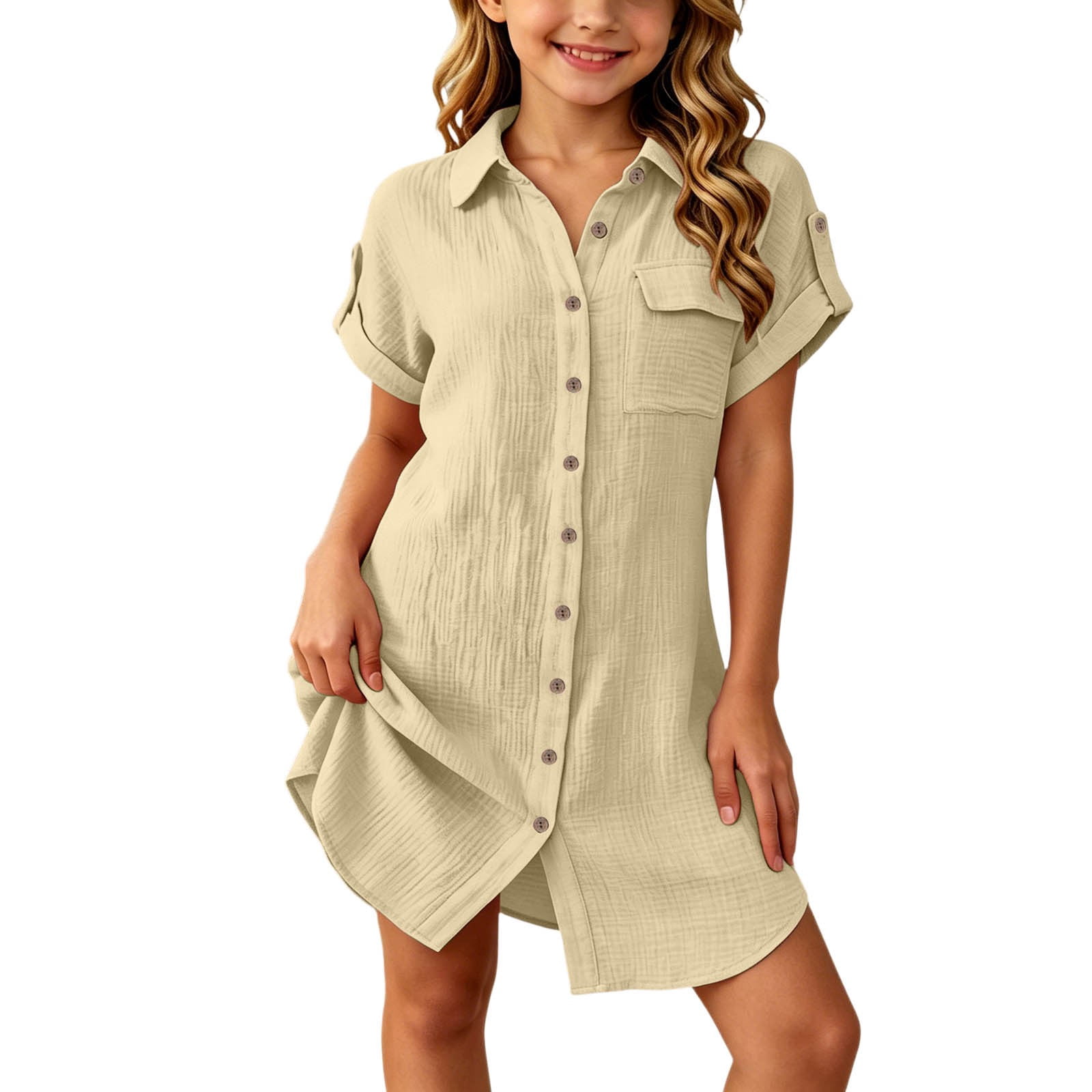 Casual Short Sleeve Girls Dress Summer Easy Loose Fit Shirt Dress ...