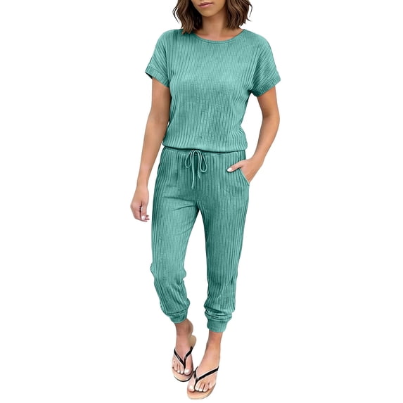 Casual Short Sleeve Jumpsuits for Women Drawstring Waist Ribbed Rompers ...