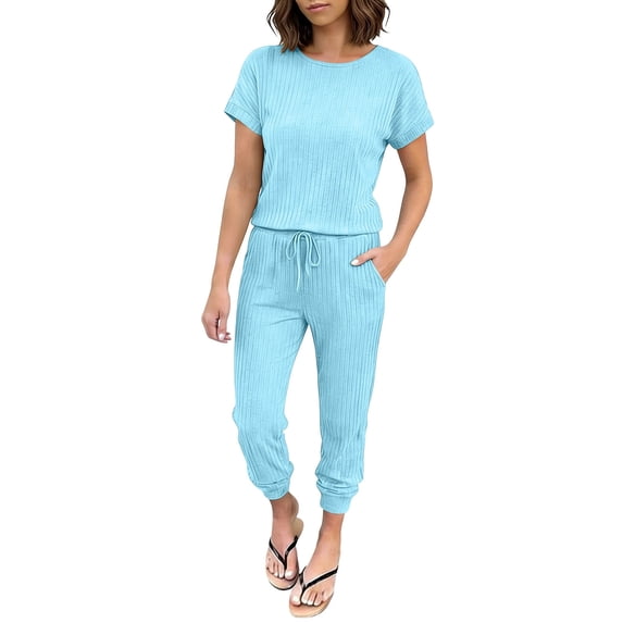 Casual Short Sleeve Jumpsuits for Women Drawstring Waist Ribbed Rompers ...