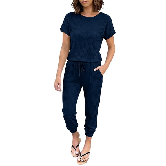 Casual Short Sleeve Jumpsuits for Women Drawstring Waist Ribbed Rompers ...