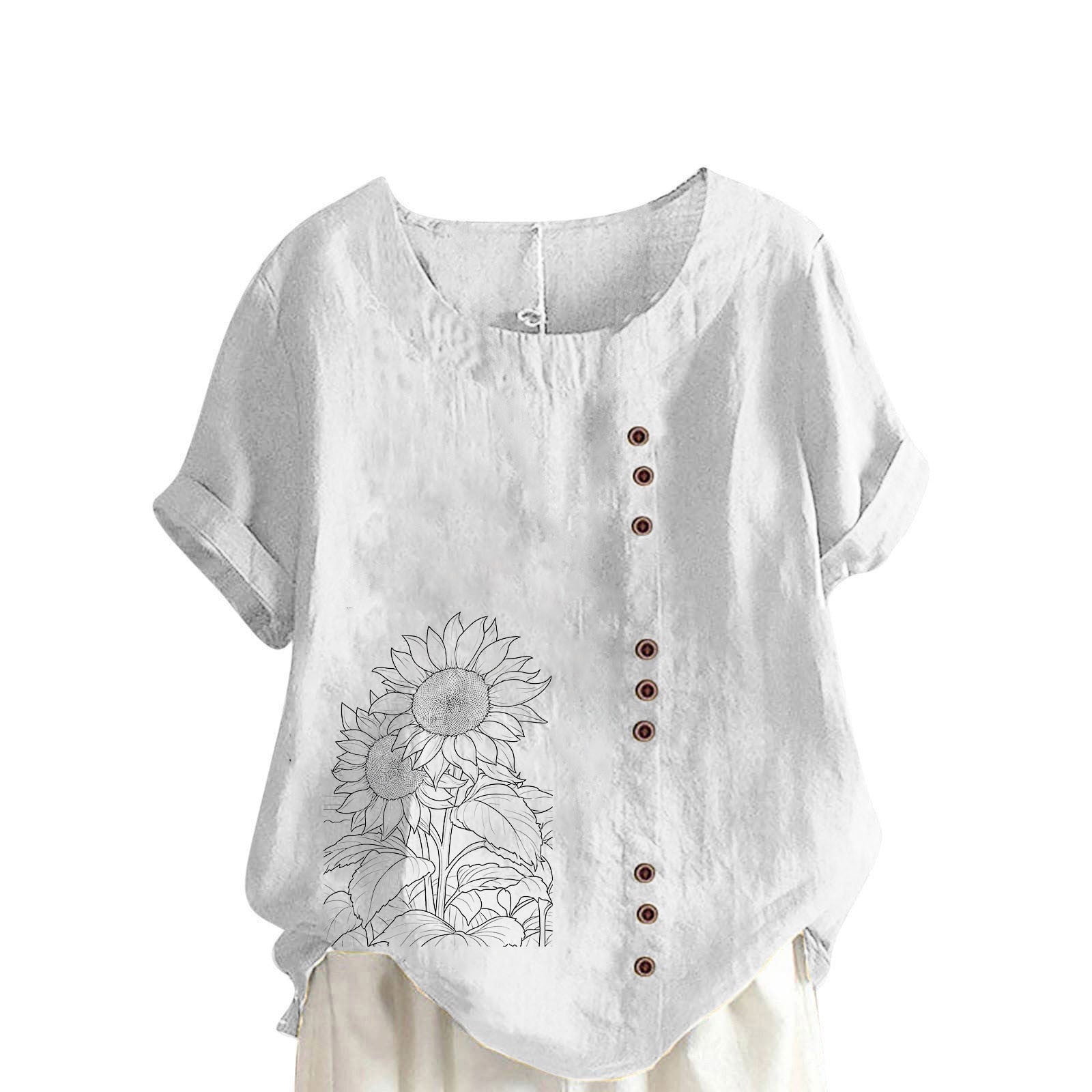 Casual Short Sleeve Round Neck Print Shirts Women's Spring Blouse Linen ...