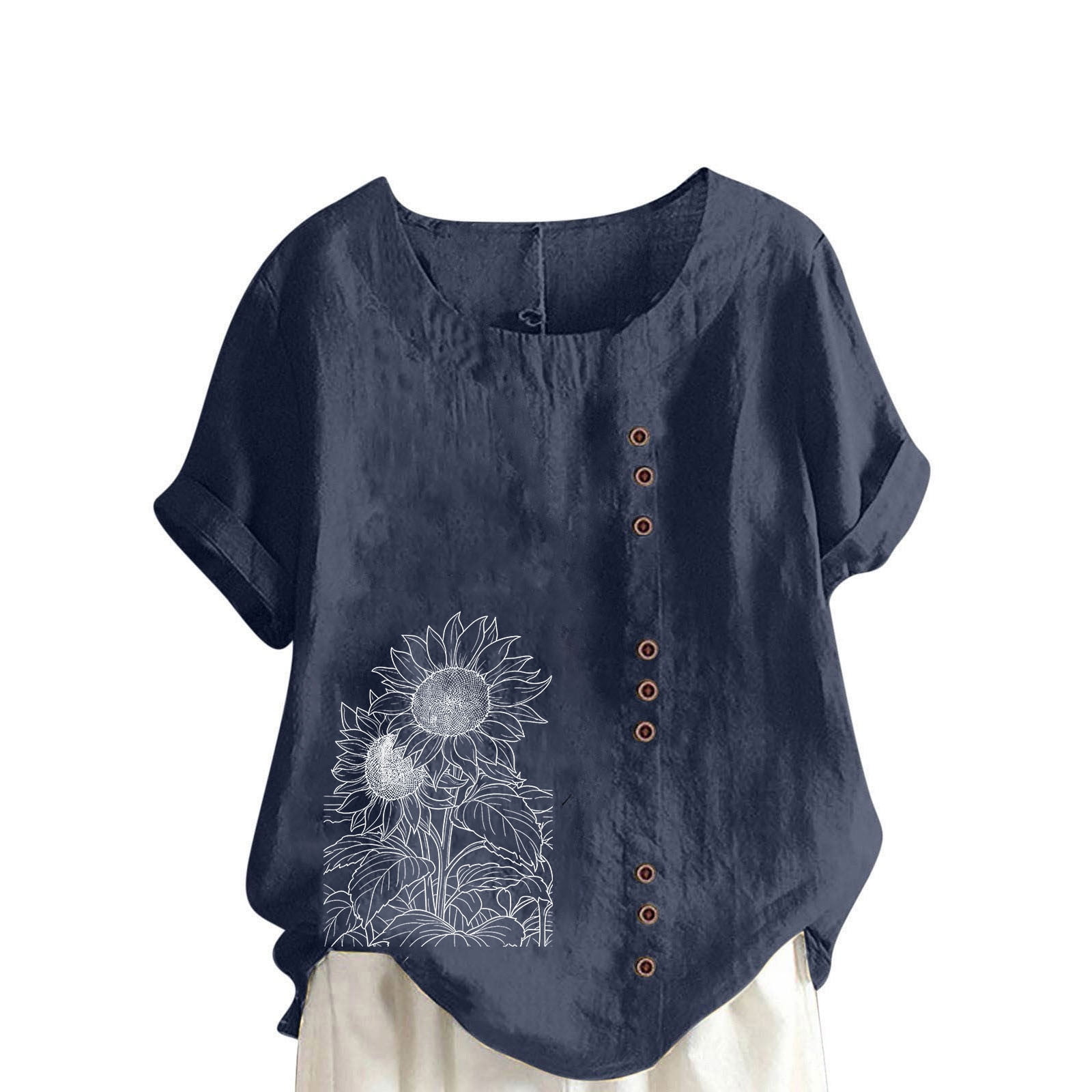 Casual Short Sleeve Round Neck Print Shirts Women's Spring Blouse Linen ...