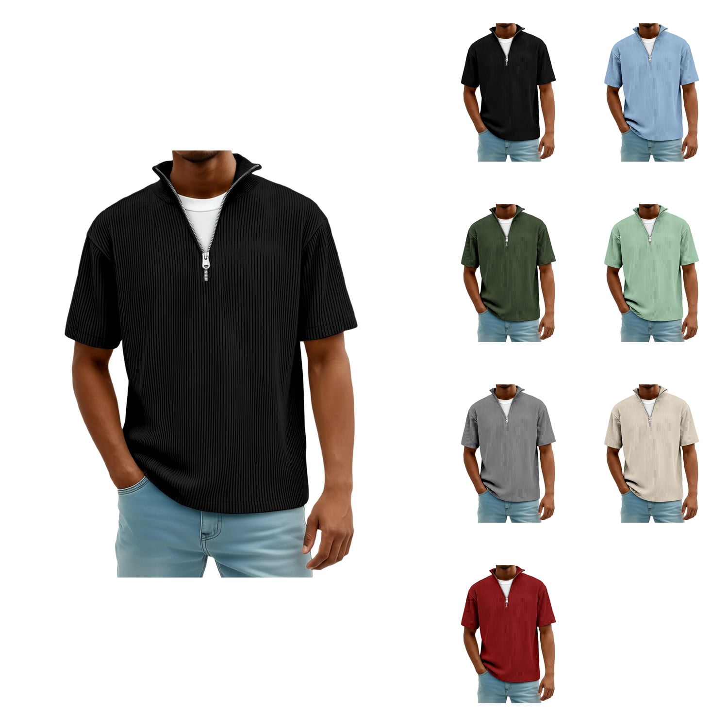Casual Short Sleeve Shirt with Zipper Placket and Striped Design, Slim ...