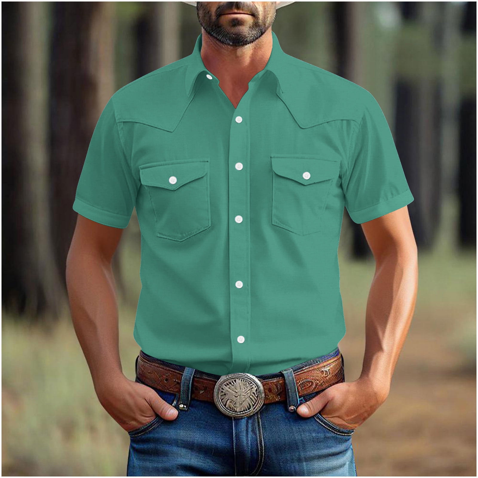 Casual Short Sleeve Shirts Fashionable Vintage Solid Color Pocket Short ...