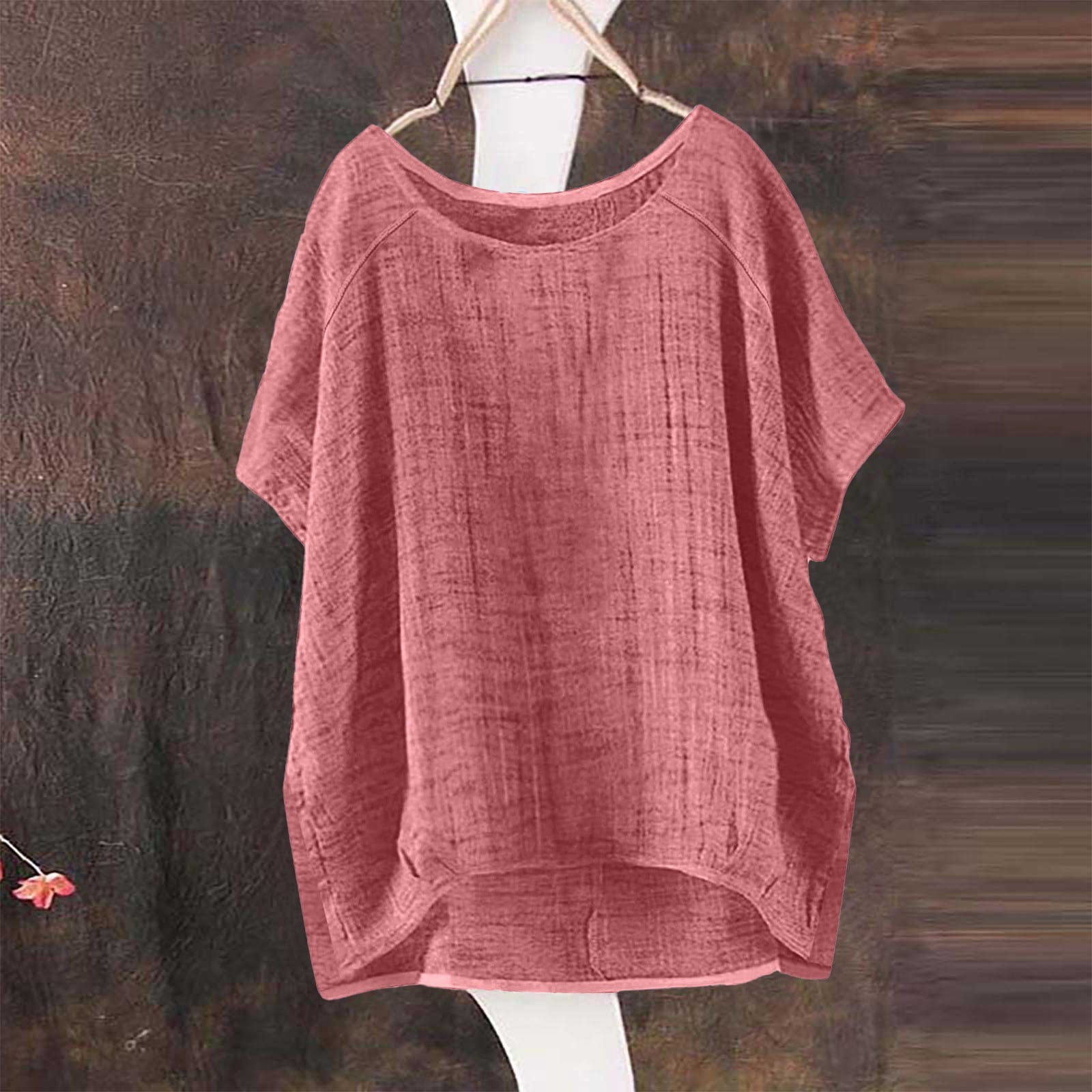 Casual Short Sleeve Solid Color Flowy Tops Loose Fit Basic red Cotton ...