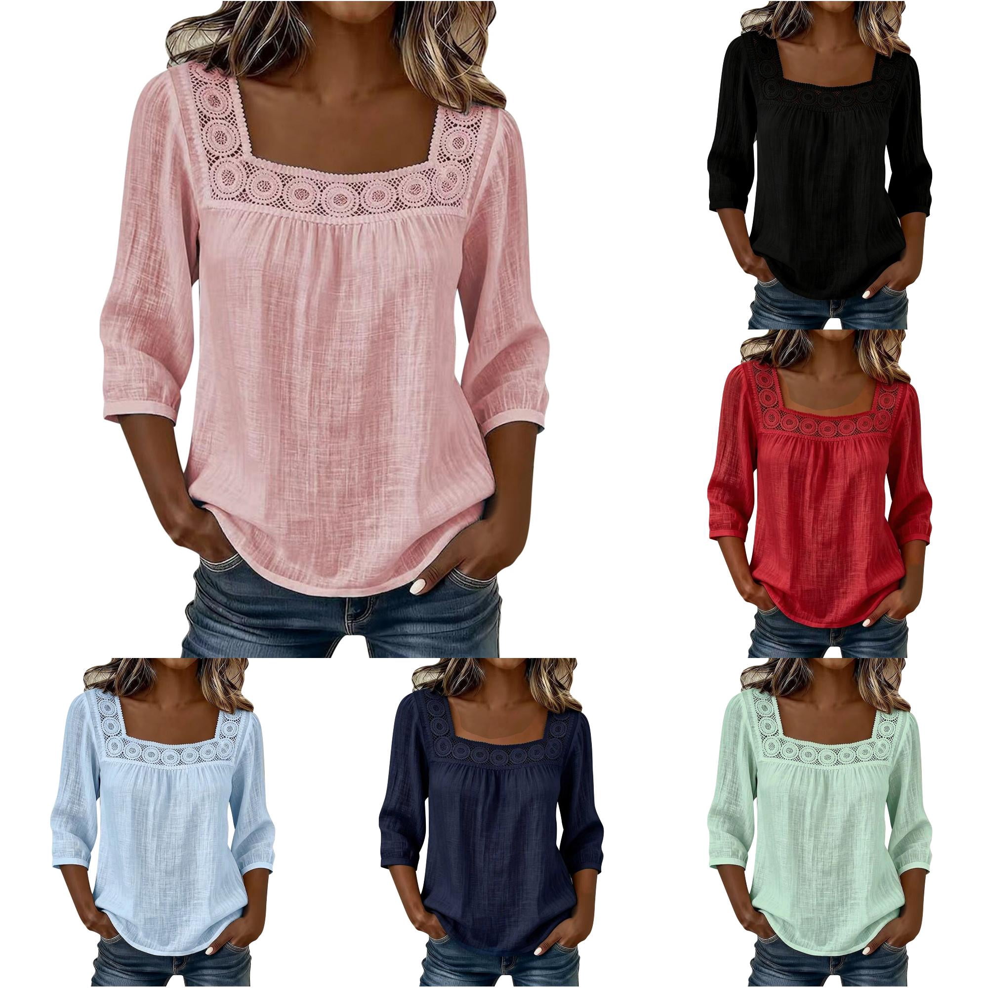Casual Short Sleeve Square Neck Lace Trim Patchwork Blend Summer Top ...