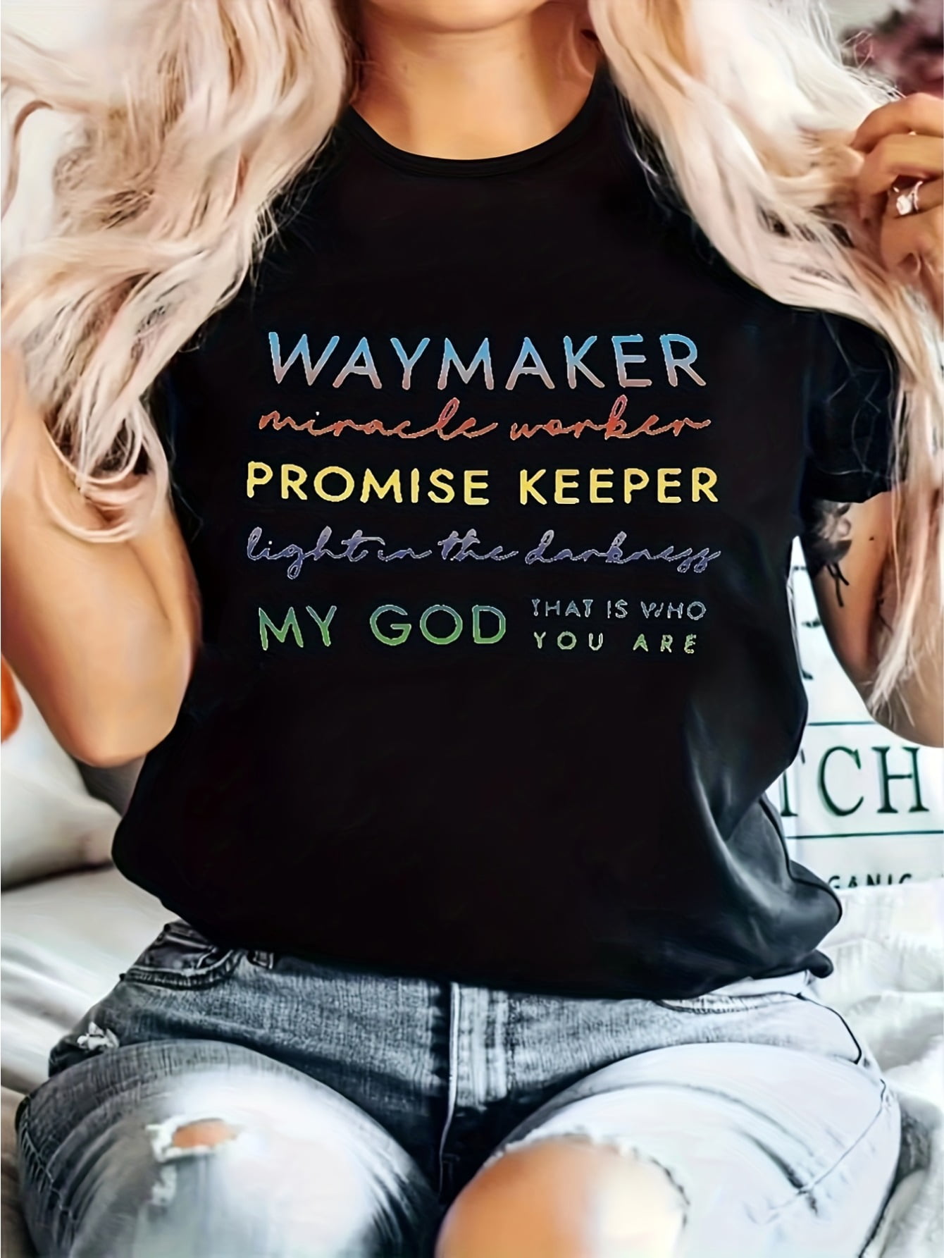 Casual Short Sleeve Waymaker Letter Print T-shirt - Crew Neck Top For ...