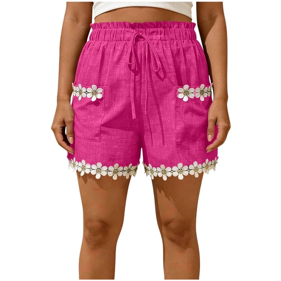 Casual Shorts For Women Solid Pull On Drawstring Pocketed Lace Trim ...