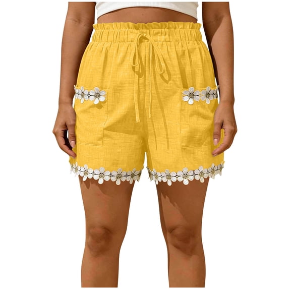 Casual Shorts For Women Solid Pull On Drawstring Pocketed Lace Trim ...