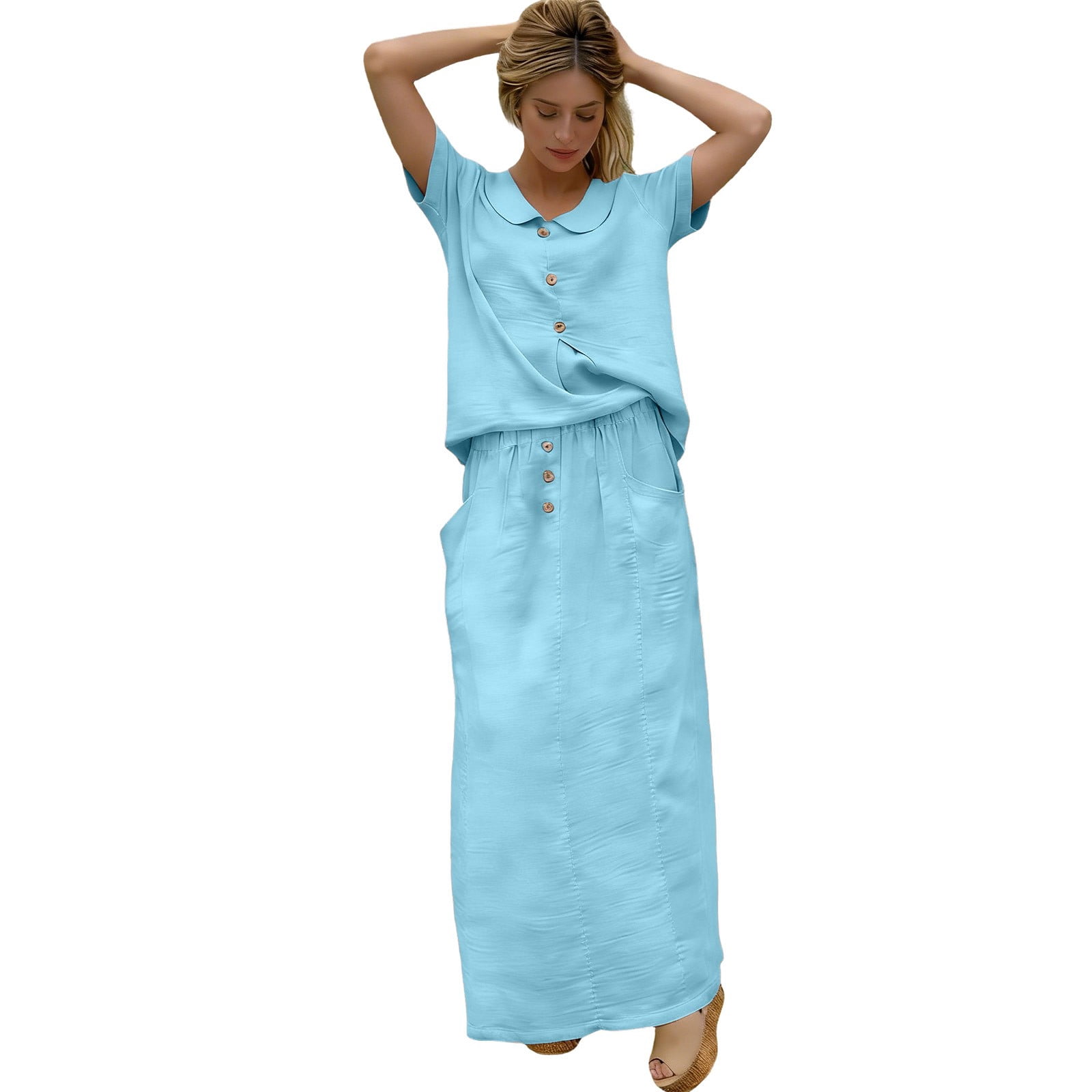 Casual Skirt Set for Women Linen Blend Long Skirt Loose Fit Solid Color ...