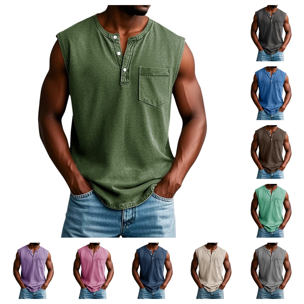 Casual Sleeveless Shirts for Men Distressed Washed Tank Tops Henley ...