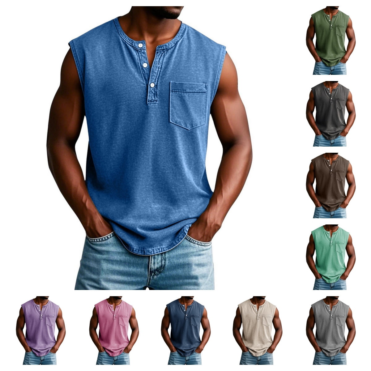 Casual Sleeveless Shirts for Men Distressed Washed Tank Tops Henley ...