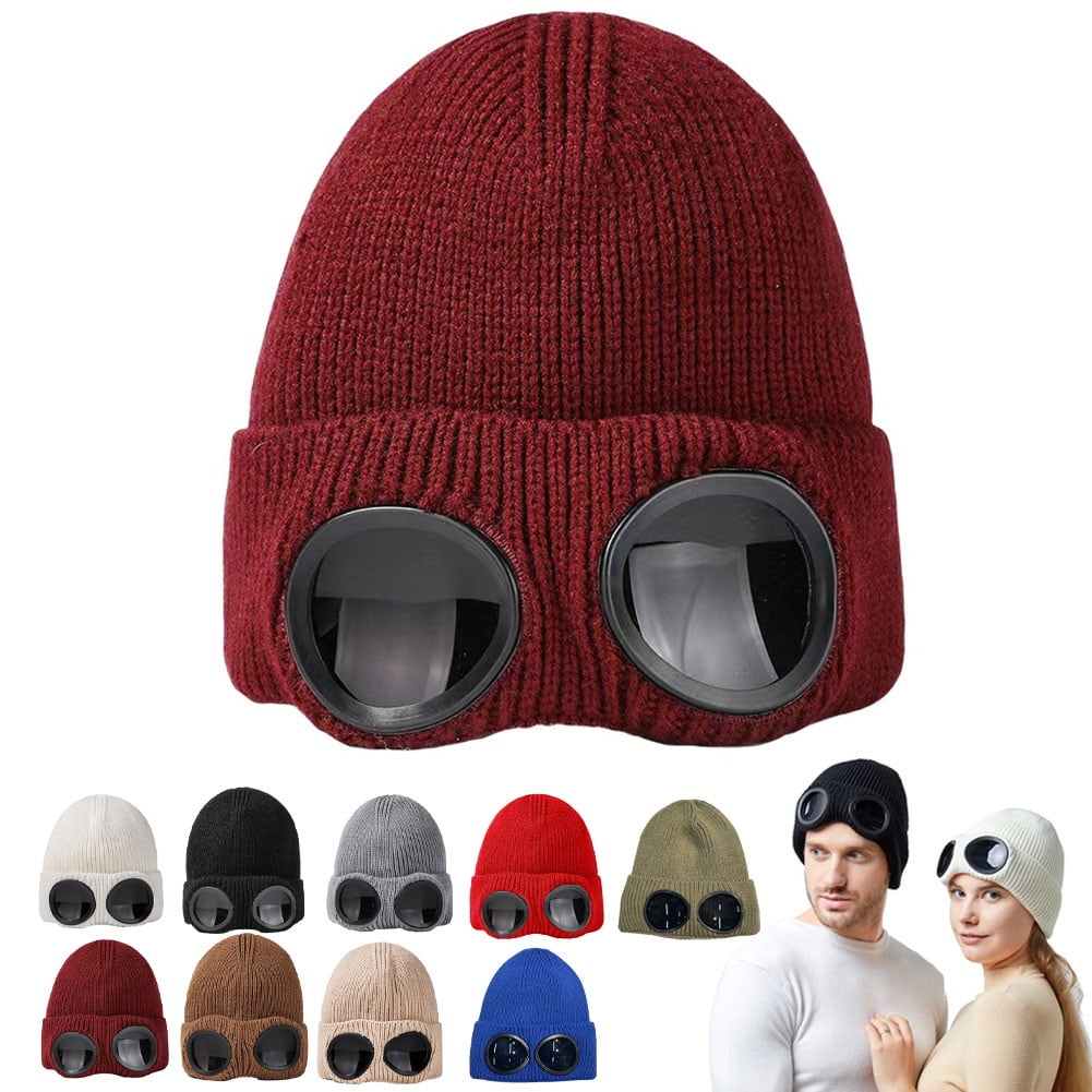 Casual Soft Goggle Lens Design Beanie Hat, Winter Unisex Solid Color ...