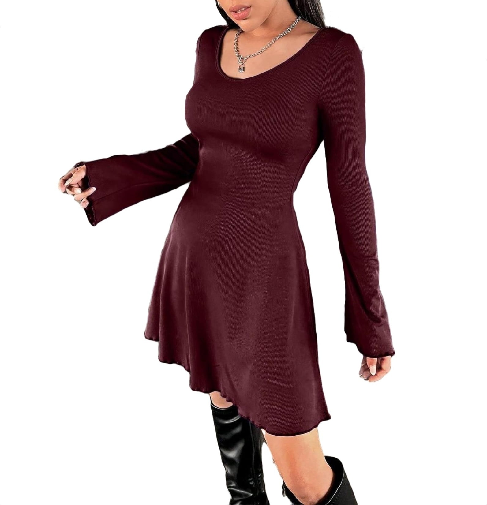 Casual Solid A Line Dress Scoop Neck Burgundy Women Dresses - Walmart.com