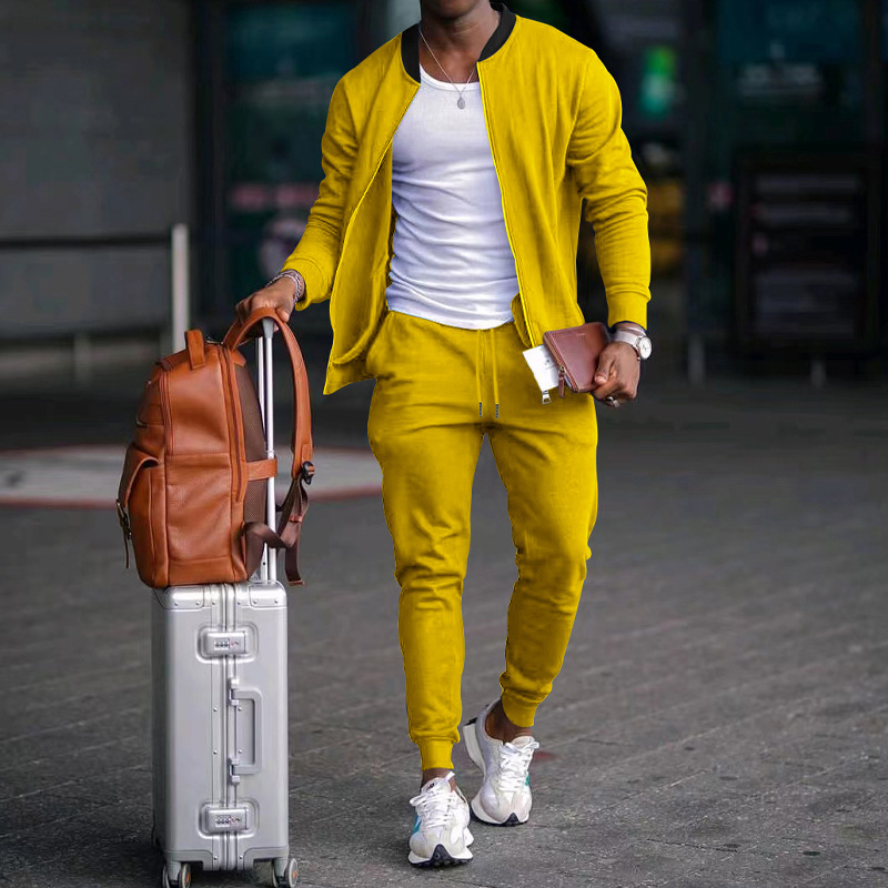 Casual Solid Baseball Collar Tracksuit (S, Yellow) - Walmart.com