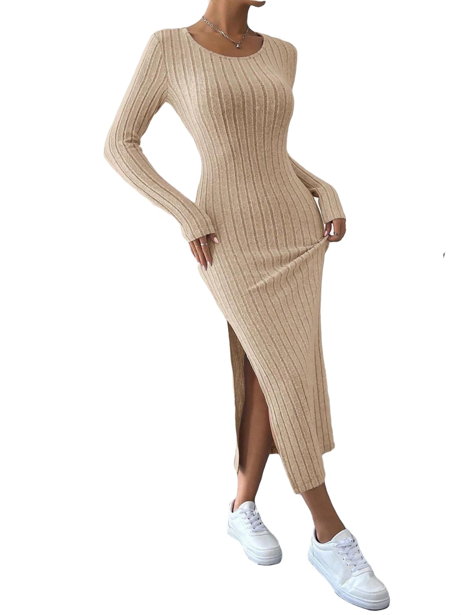 Casual Solid Bodycon Round Neck Apricot Women Dresses - Walmart.com