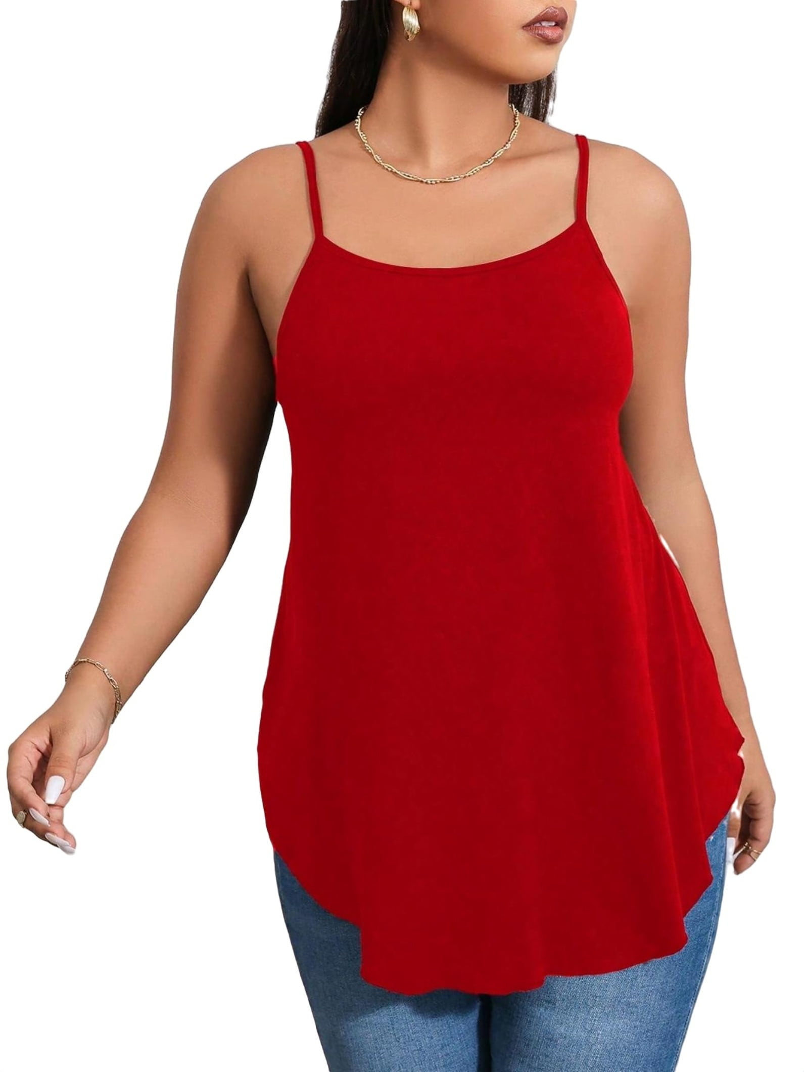 Casual Solid Cami Spaghetti Strap Red Plus Size Tank Tops And Camis