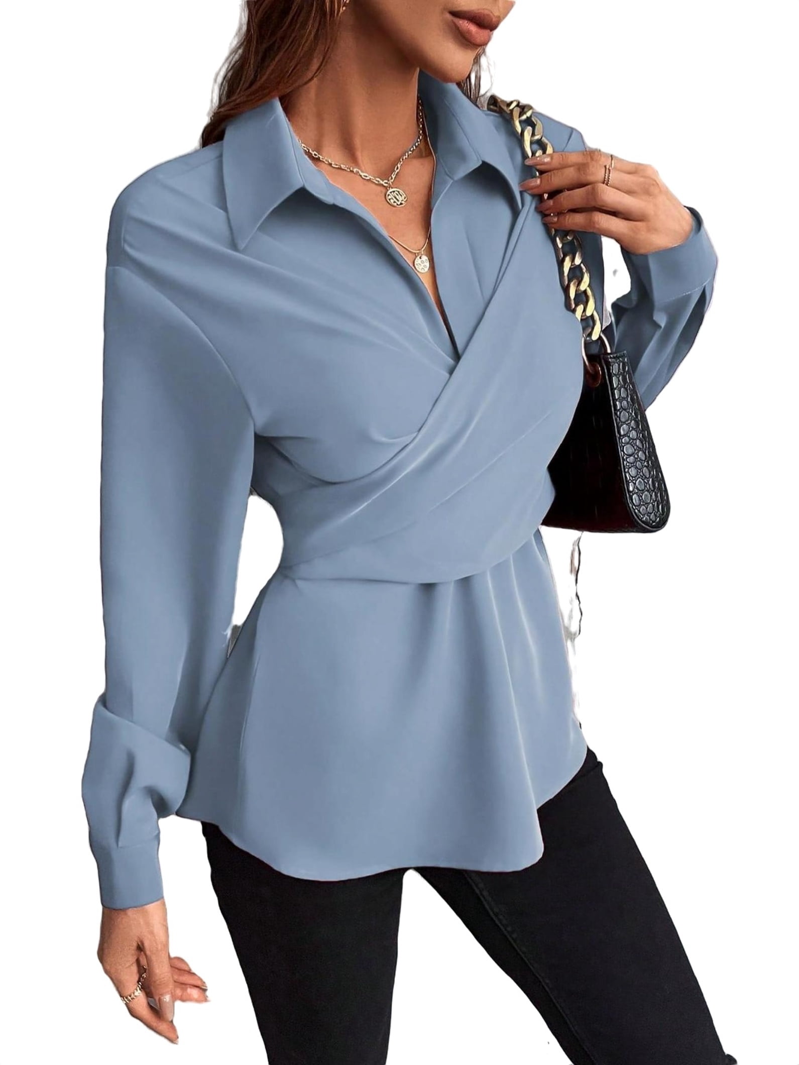Casual Solid Collar Shirt Long Sleeve Dusty Blue Women Blouses (Women's ...