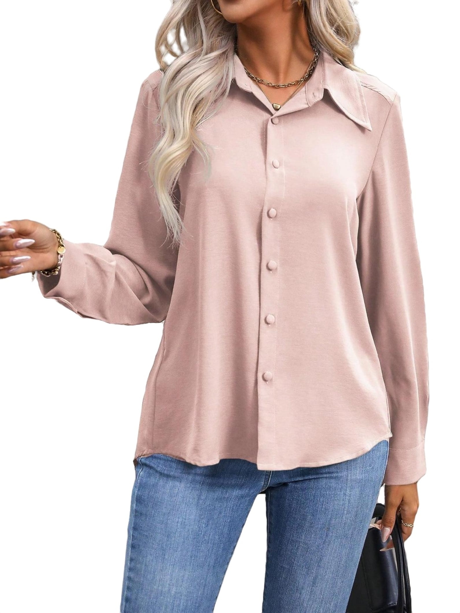 Casual Solid Collar Shirt Long Sleeve Pink Color Women Blouses (Women's ...