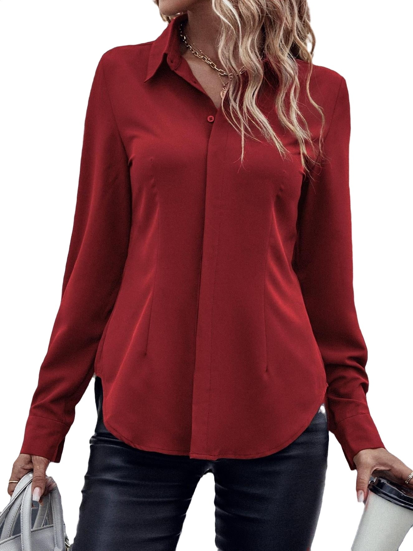 Casual Solid Collar Shirt Long Sleeve Red Women Blouses (Women's ...