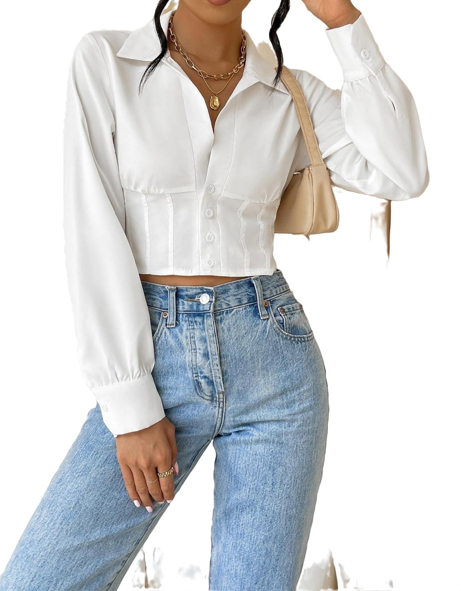 Casual Solid Collar Shirt Long Sleeve White Women Blouses (Women's ...