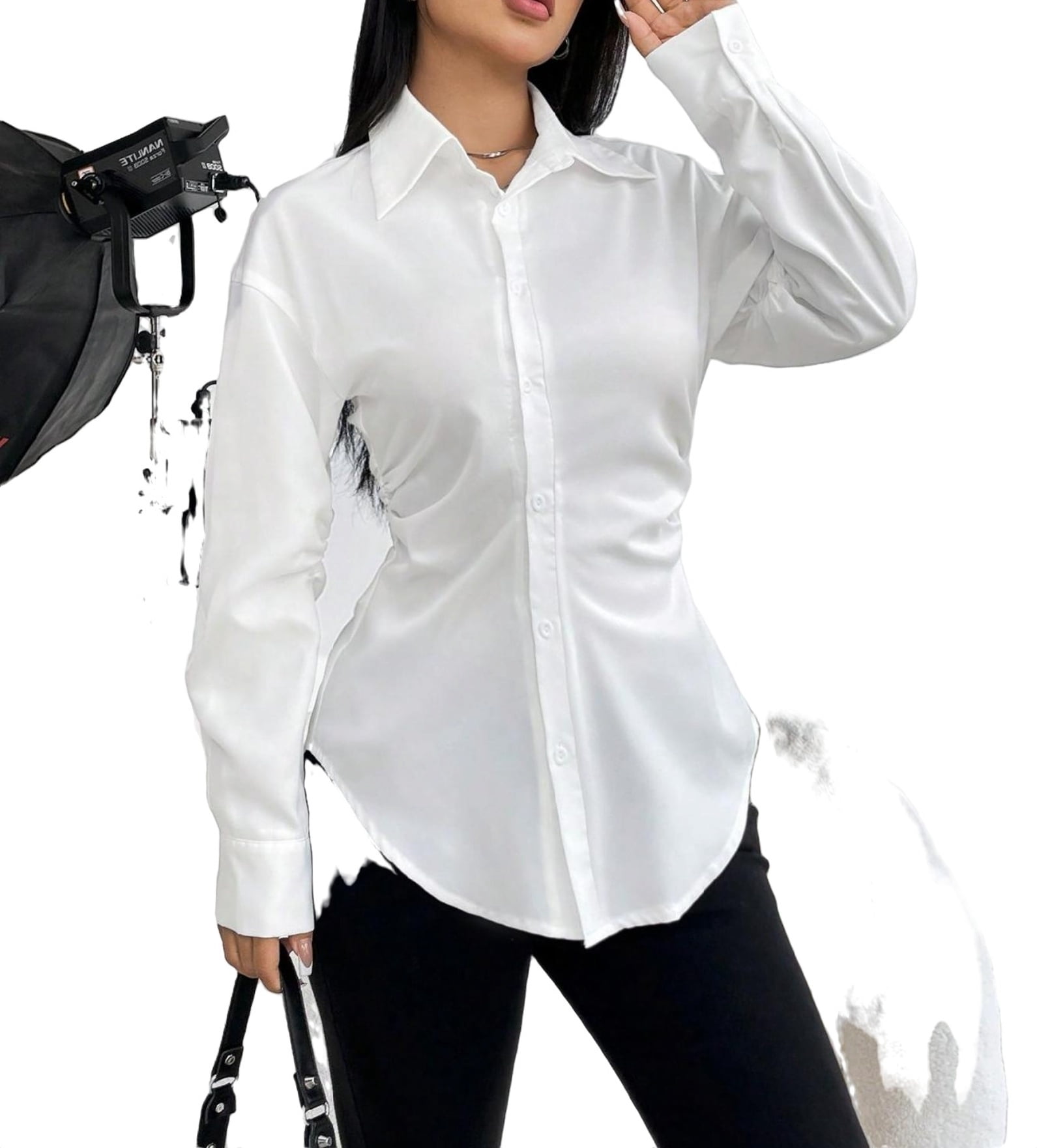 Casual Solid Collar Shirt Long Sleeve White Women Blouses (Women's ...