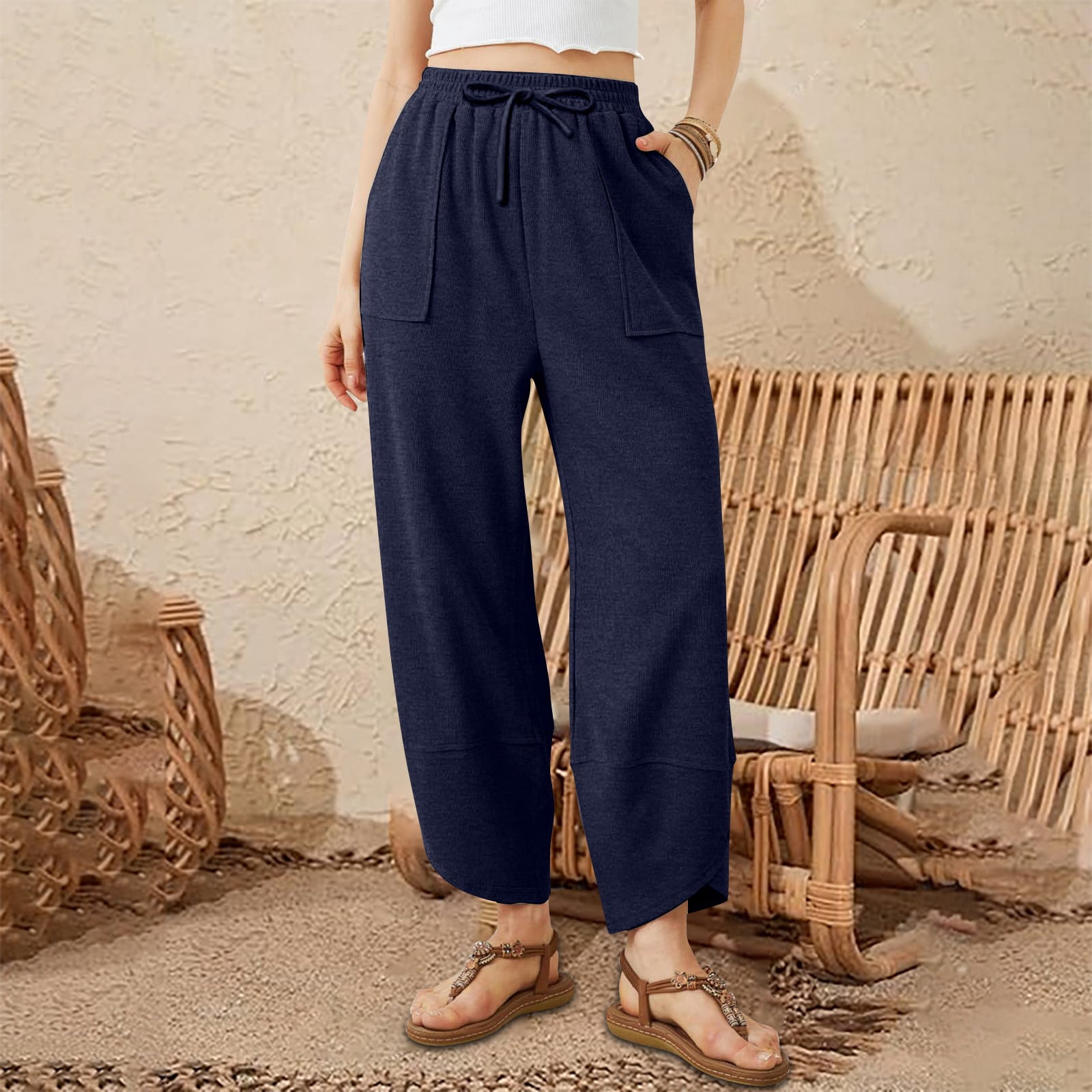 Casual Solid Color Cotton Sweatpants, Crossed Cuffs with Pockets, Loose ...
