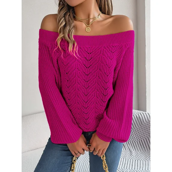 Casual Solid Color Hollow One-word Collar Off-the-shoulder Lantern ...