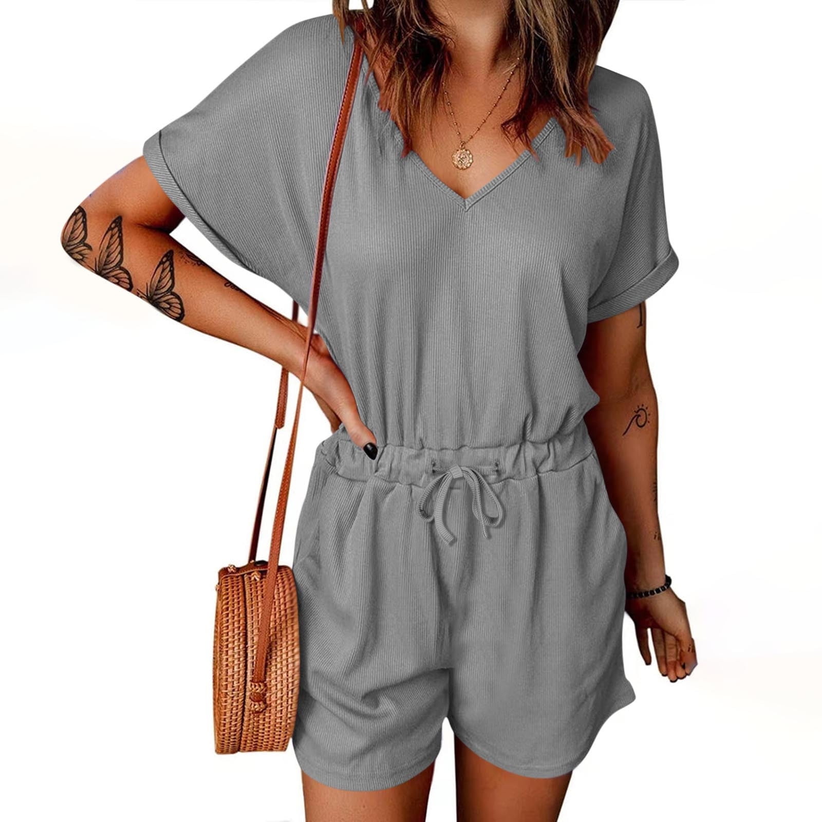 Casual Solid Color Jumpsuit, Women's Summer Short Sleeve, Lightweight ...