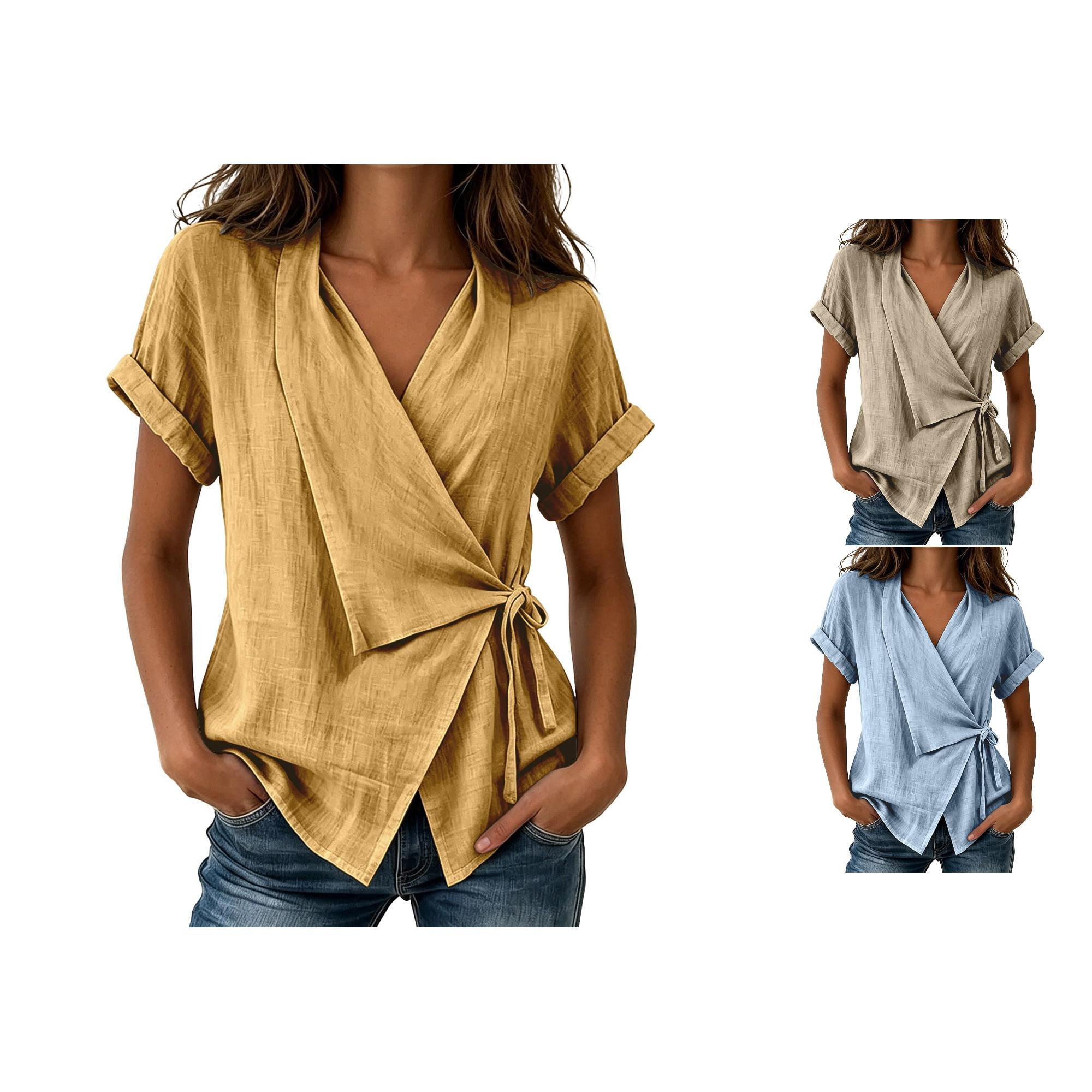 Casual Solid Color Lapel Lace Up Irregular Loose Short Sleeve T Shirt ...