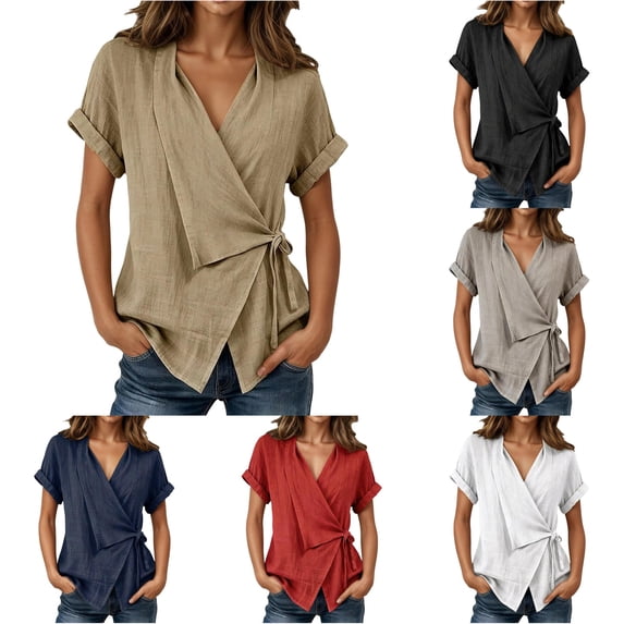 Casual Solid Color Lapel Lace Up Irregular Loose Short Sleeve T Shirt ...