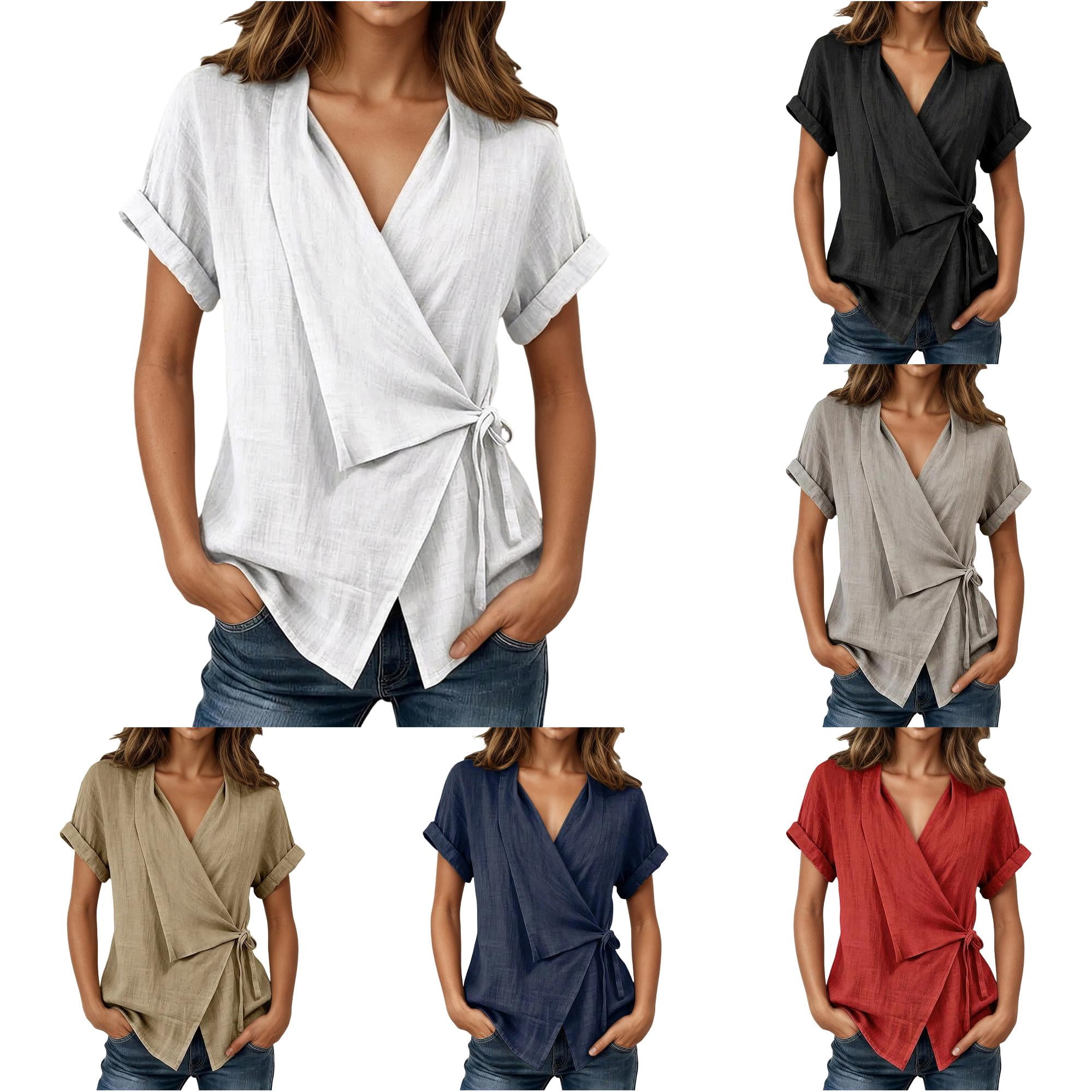 Casual Solid Color Lapel Lace Up Irregular Loose Short Sleeve T Shirt ...