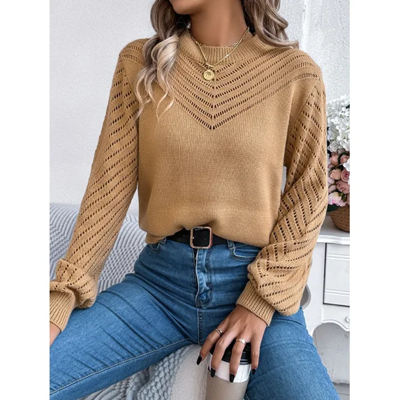 New Casual Solid Color Round Neck Hollow Lantern Sleeve Pullover ...