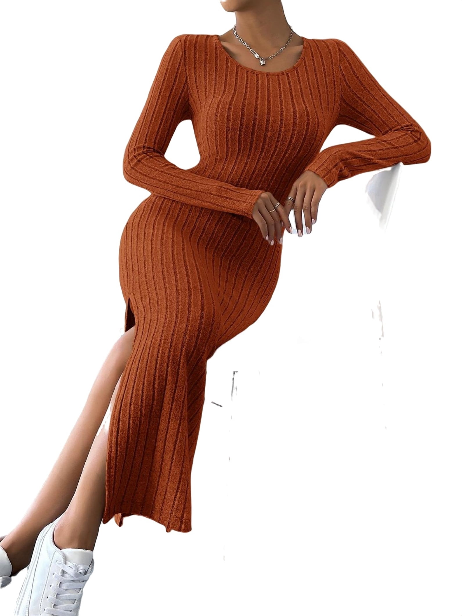 Casual Solid Fitted Dress Round Neck Rust Brown Women Dresses - Walmart.com