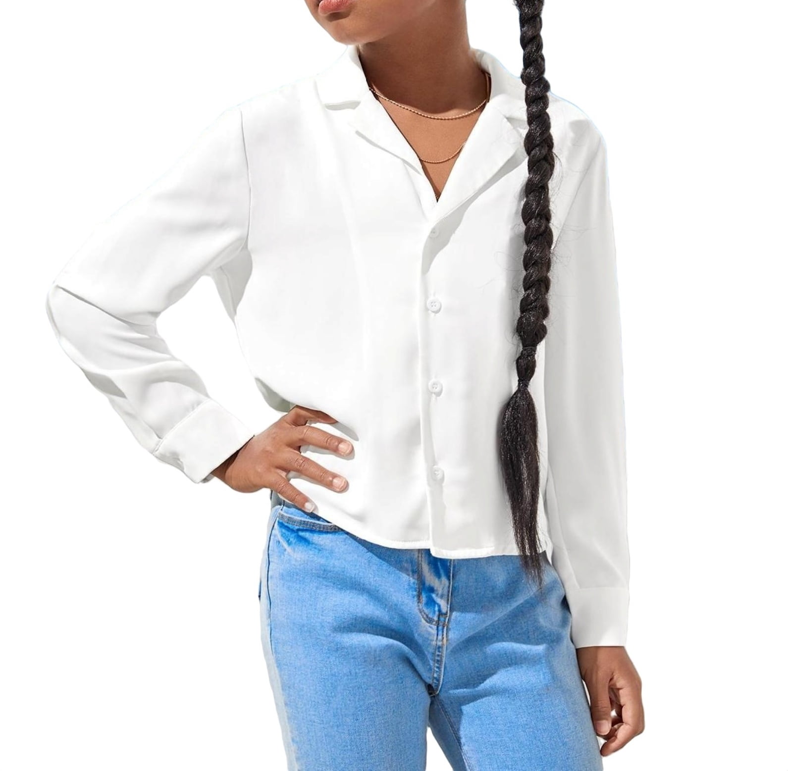 Casual Solid Lapel Shirt Long Sleeve White Tween Girls Blouses (Girl's ...